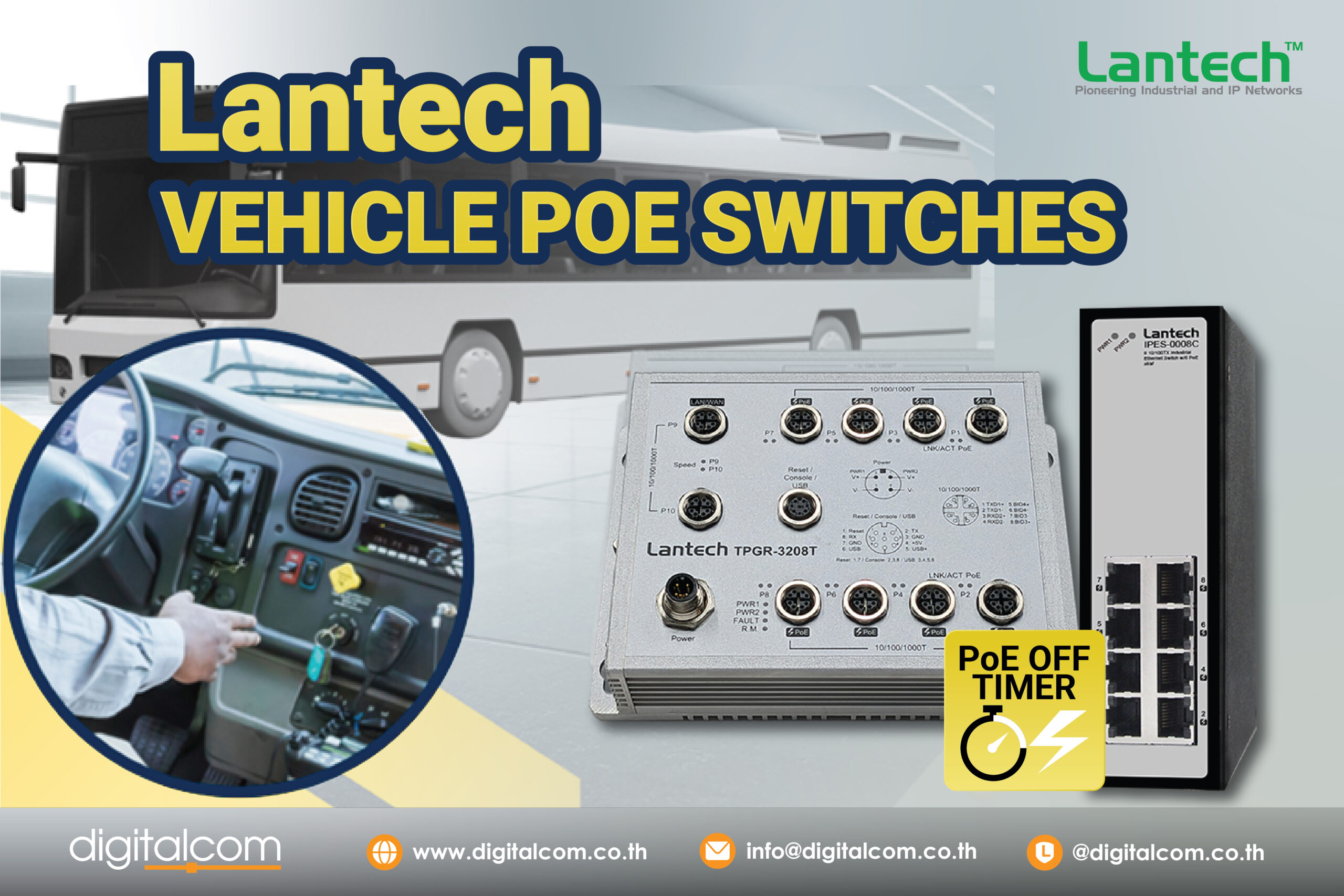 Lantech Vehicle PoE Switches สวิตช์เครือข่ายสำหรับการใช้งานในยานพาหนะ - Digitalcom Company
